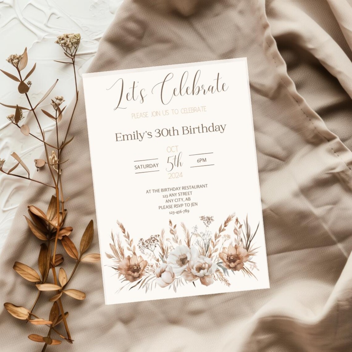 EDITABLE Boho Pampas Grass 30th Birthday Invitation Thirty Birthday ...