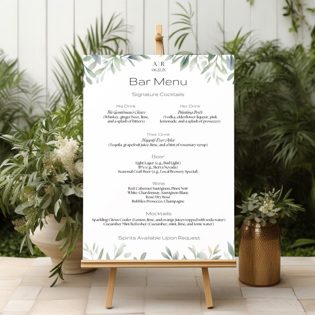 Wedding Bar Menu Template, Signature Drink Menu Sign, Eucalyptus ...