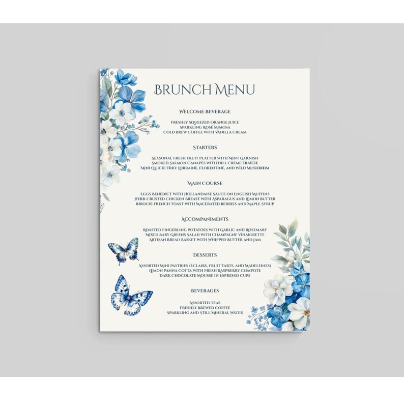Printable Blue Floral Brunch Menu, Customizable Formal Event Menu ...
