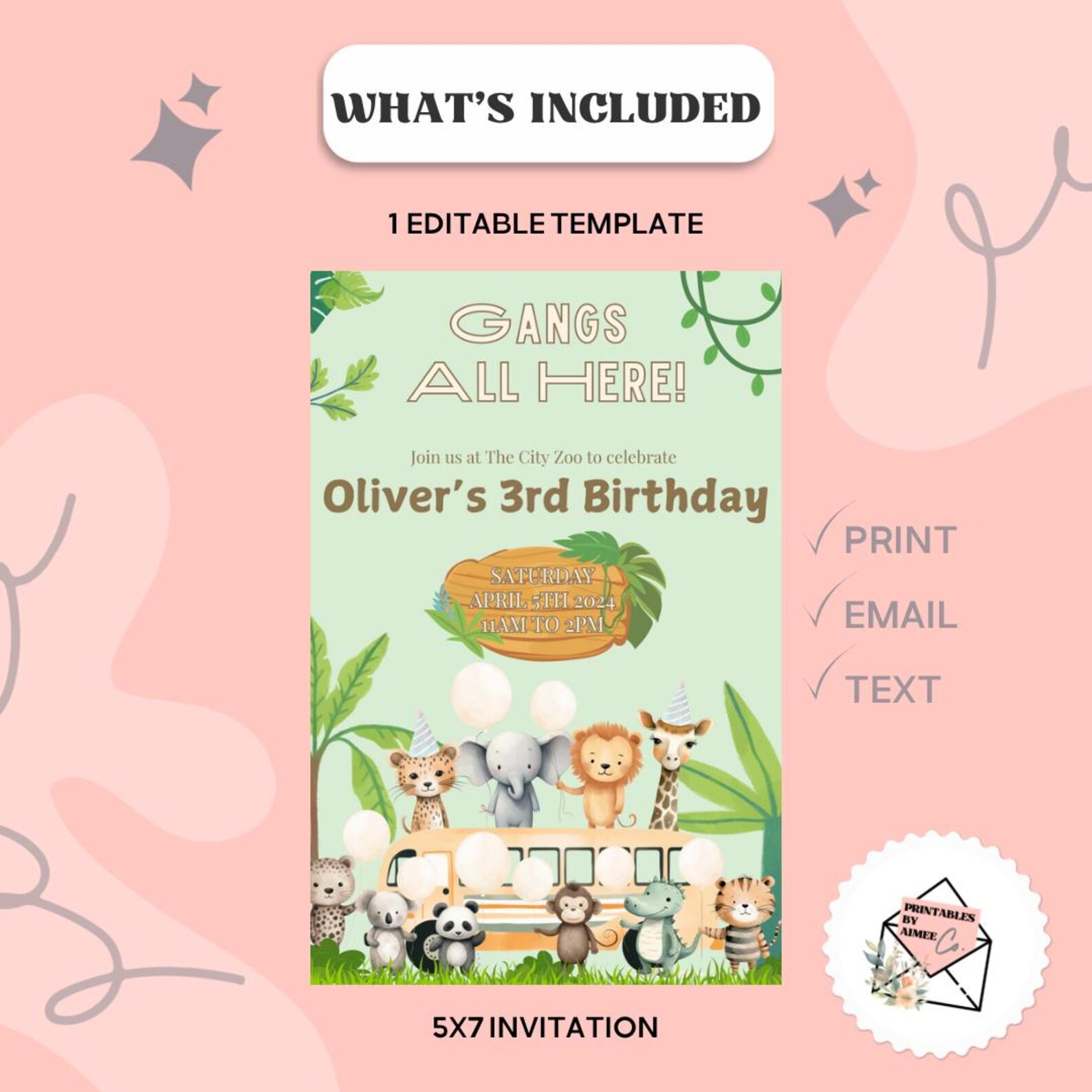 EDITABLE Safari Party Animal 3rd Birthday Party Invitation, Invite 1st ...