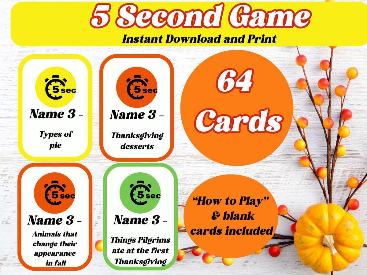 Thanksgiving 5 Second Game Printable, Friendsgiving Fun Game, Kids and ...