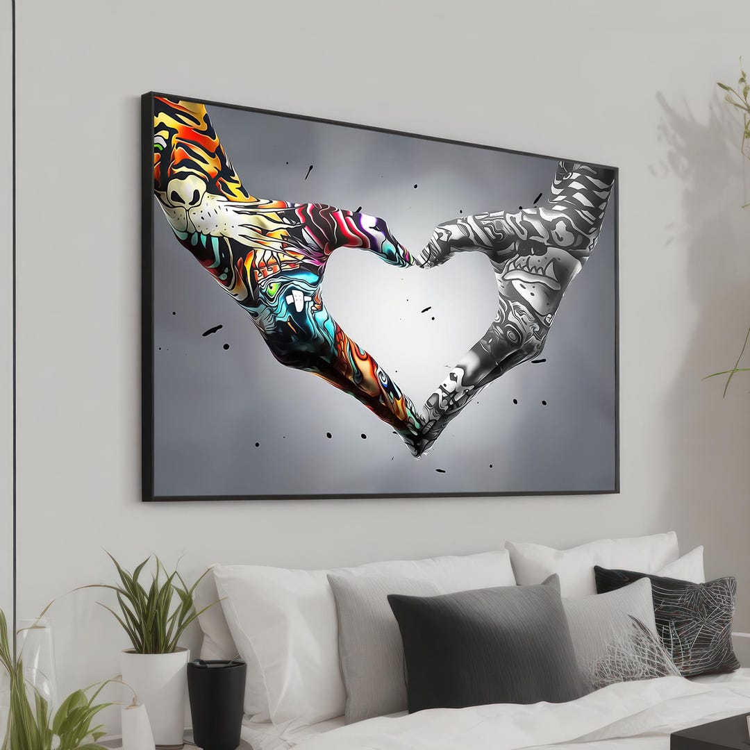 Abstract Hands in Heart Shape Canvas Print – Vibrant Color-grayscale ...
