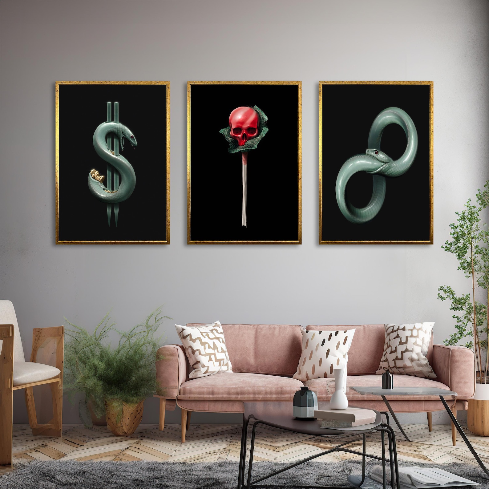 Edgy Modern Triptych Art – Snake and Skull Symbols on Black Canvas ...