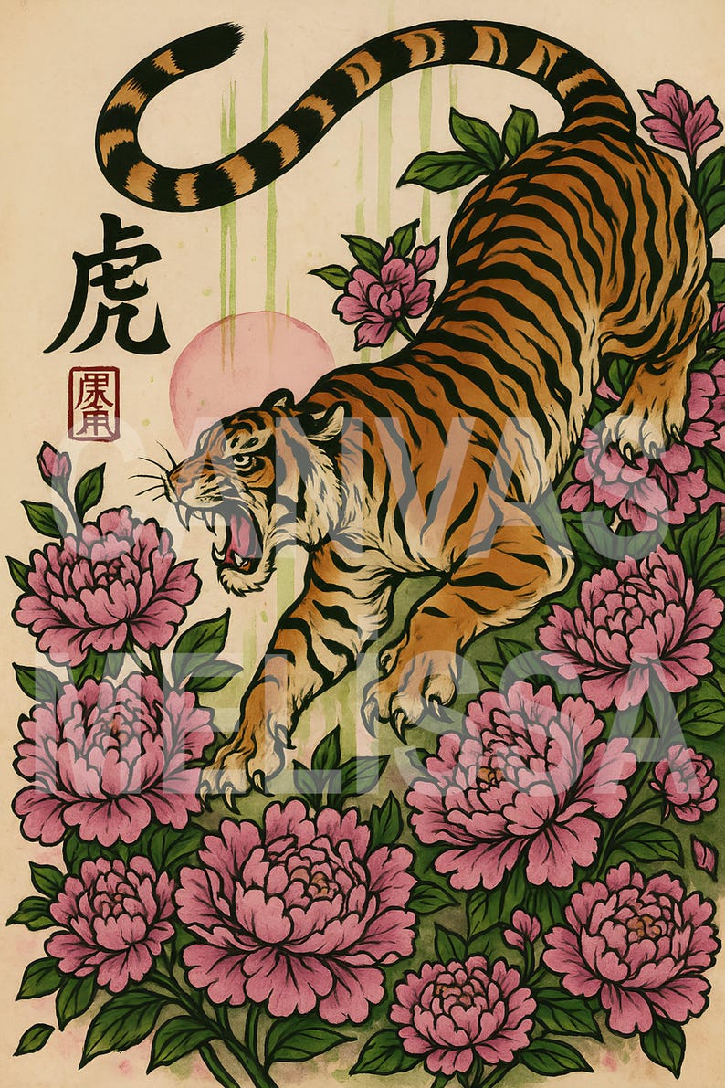 Traditional Tiger and Peony Digital Art Print – Japanese Tattoo Style ...