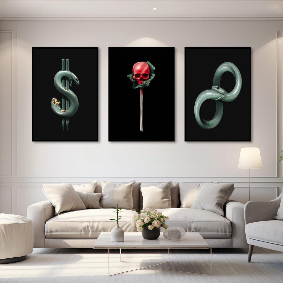Edgy Modern Triptych Art – Snake and Skull Symbols on Black Canvas ...
