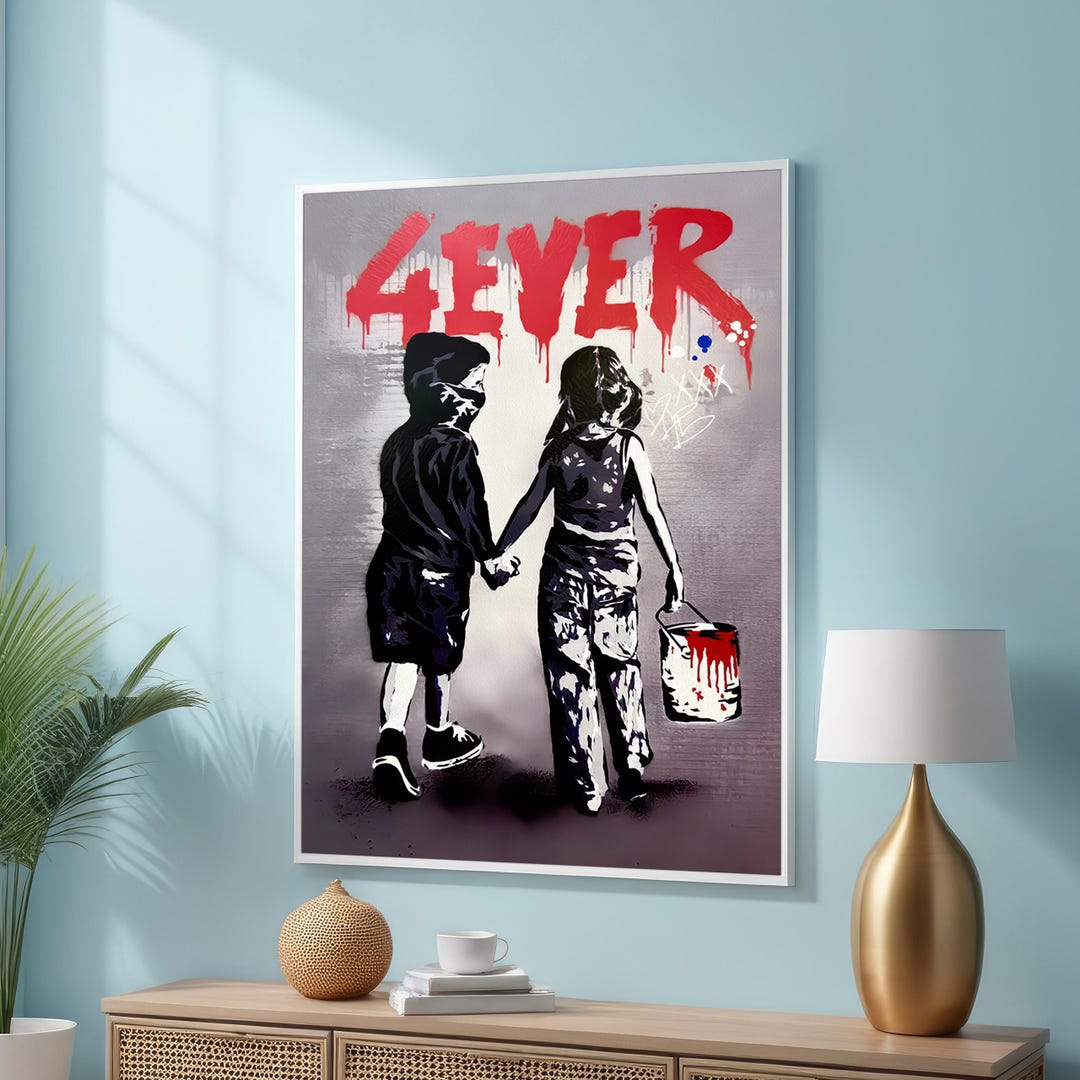 Urban Street Art Canvas Art Print - Kids With Dripping Red Paint and ...