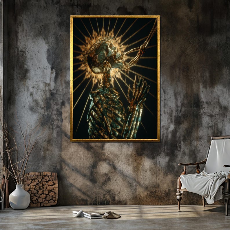 Skeletal Divine Art Print – Gothic Skeleton With Crown of Thorns - Gold ...