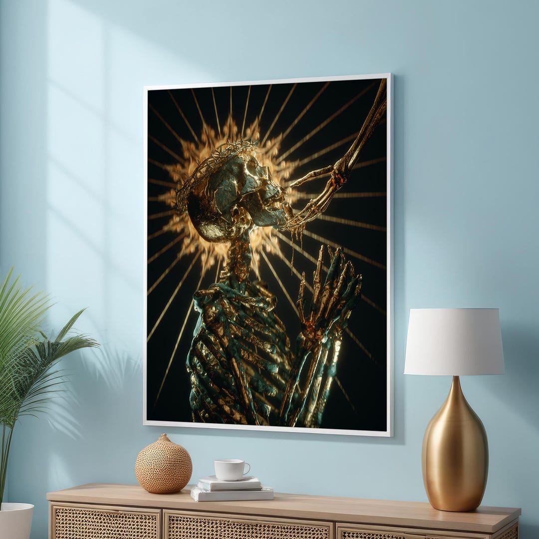 Skeletal Divine Art Print – Gothic Skeleton With Crown of Thorns - Gold ...