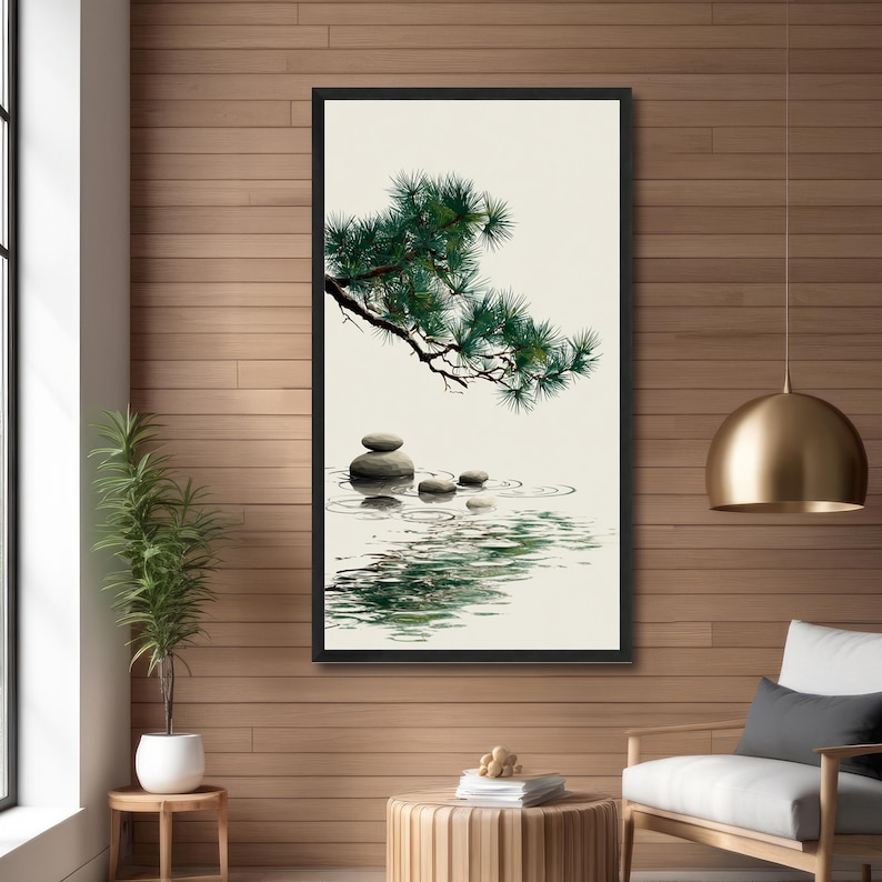 Japanese Pine Zen Stones Wall Art – Minimalist Nature Canvas - Tranquil ...