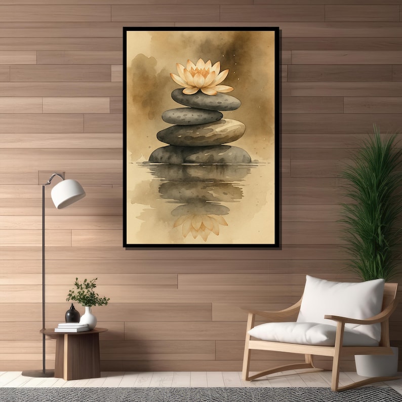 Zen Stone Stack With Lotus Flower Art Print– Minimalist Watercolor Wall ...