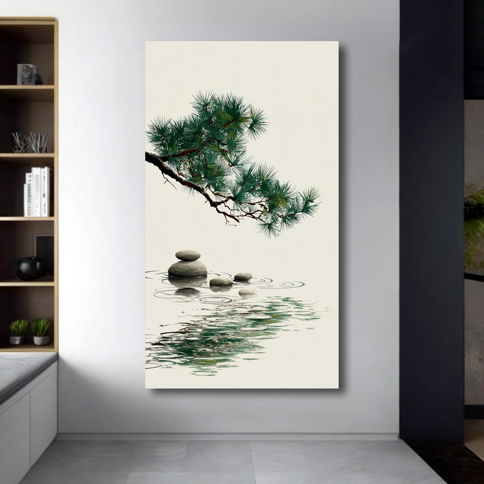 Japanese Pine Zen Stones Wall Art – Minimalist Nature Canvas - Tranquil ...