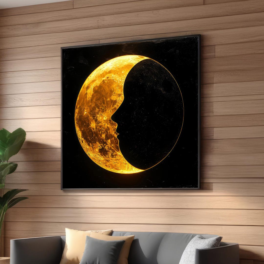 Golden Crescent Moon Face Canvas Print - Surreal Minimalist Celestial ...