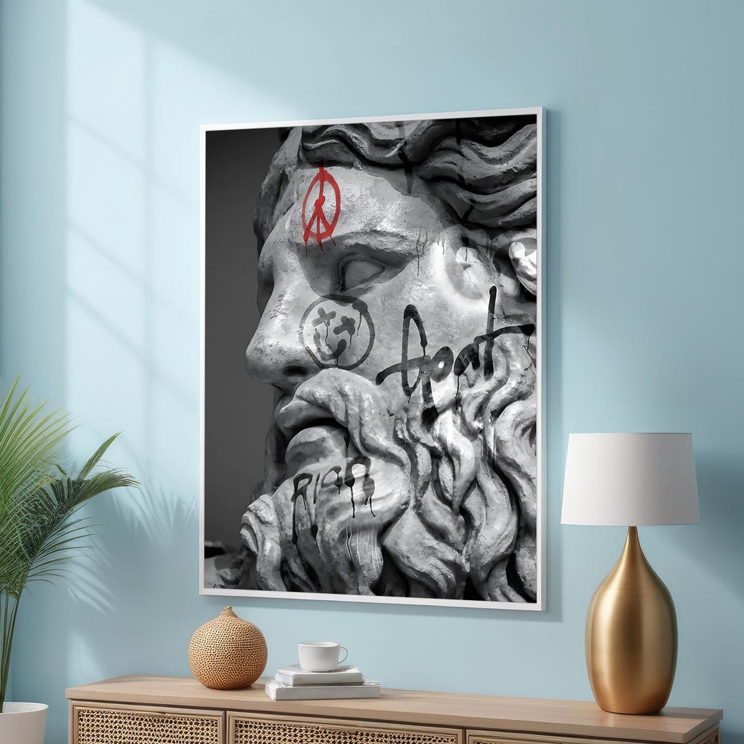 Classical Bust With Graffiti Canvas Art - Red Peace Sign & Street Art ...