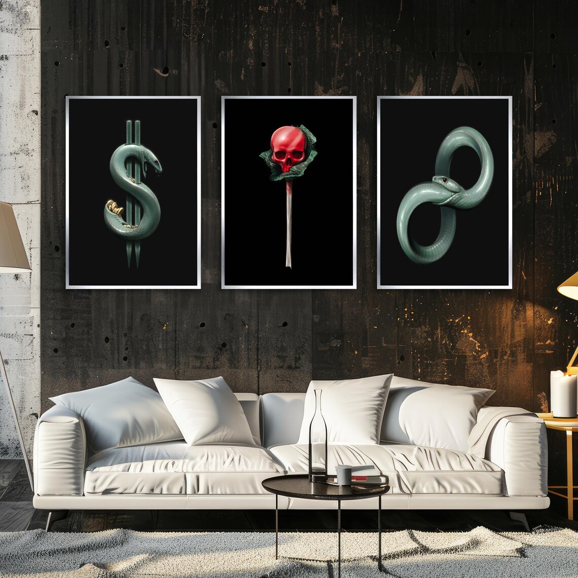 Edgy Modern Triptych Art – Snake and Skull Symbols on Black Canvas ...