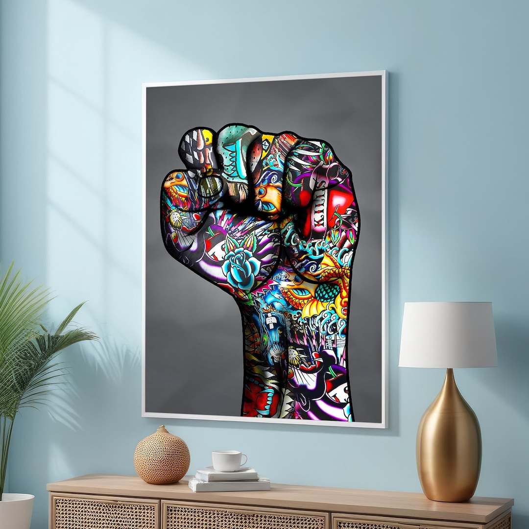 Bold Tattoo-inspired Raised Fist Canvas Print – Vibrant Pop Art ...