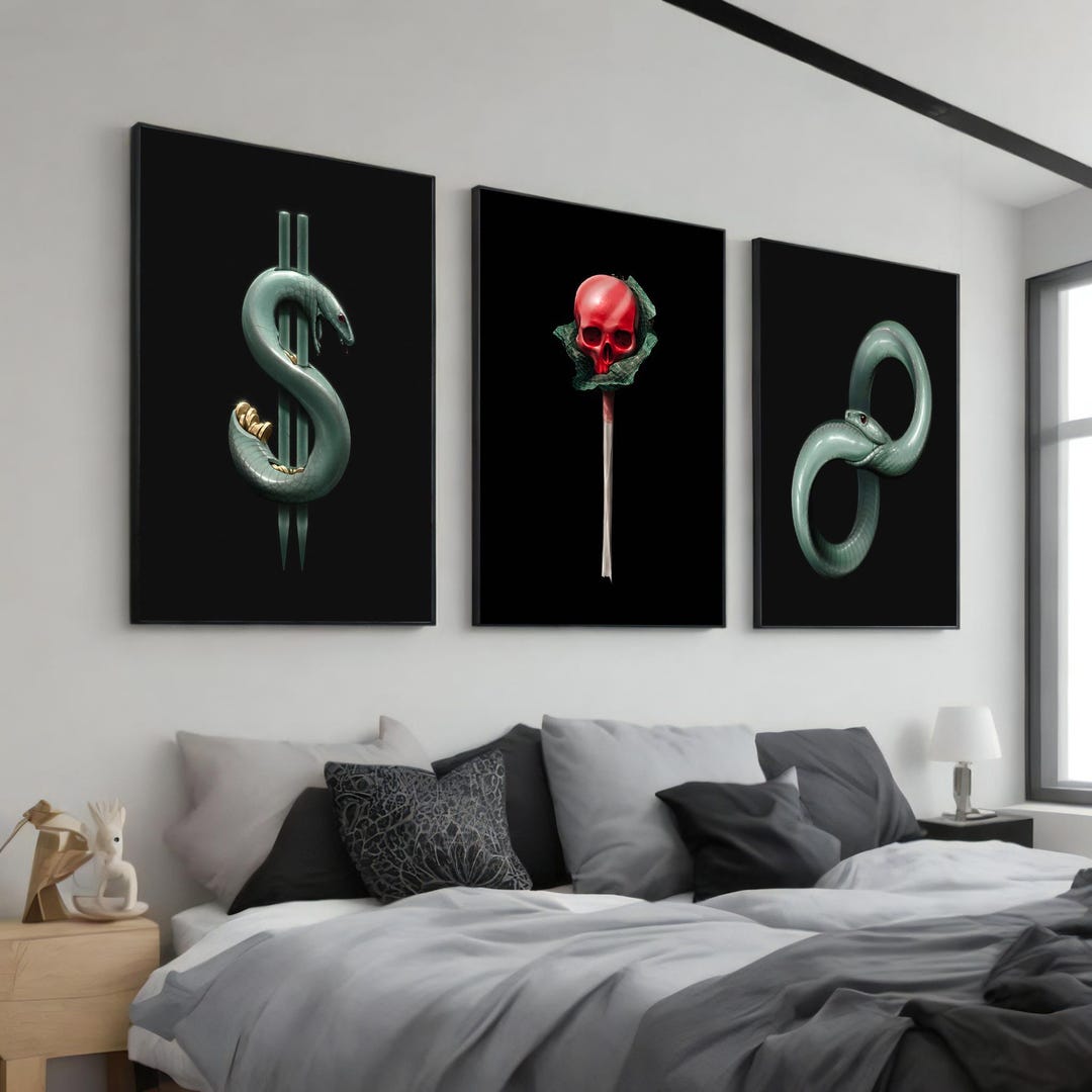 Edgy Modern Triptych Art – Snake and Skull Symbols on Black Canvas ...