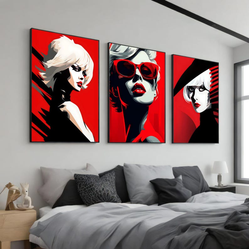 Bold Pop Art Woman Triptych Canvas Art – Red, Black, White and Gray ...