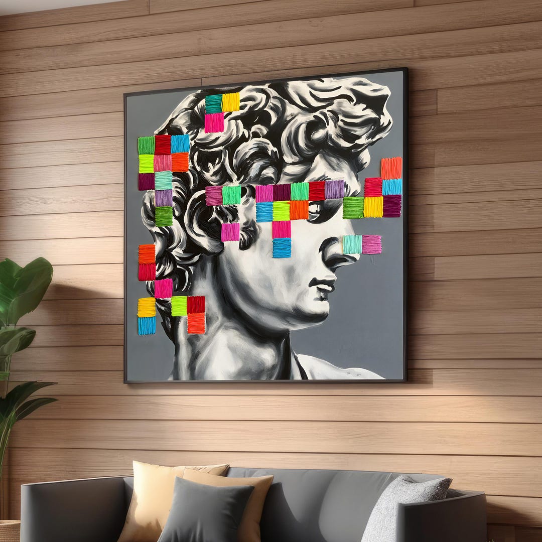 David Statue With Colorful Pixel Yarn Blocks Canvas Art - Modern Pop ...