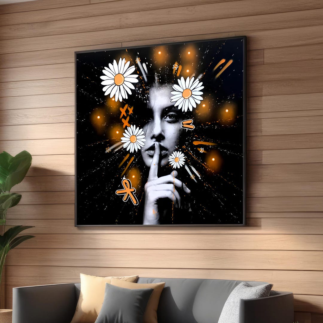 Shhh Pop Art Portrait With Daisies - Modern Street Art - Surreal ...