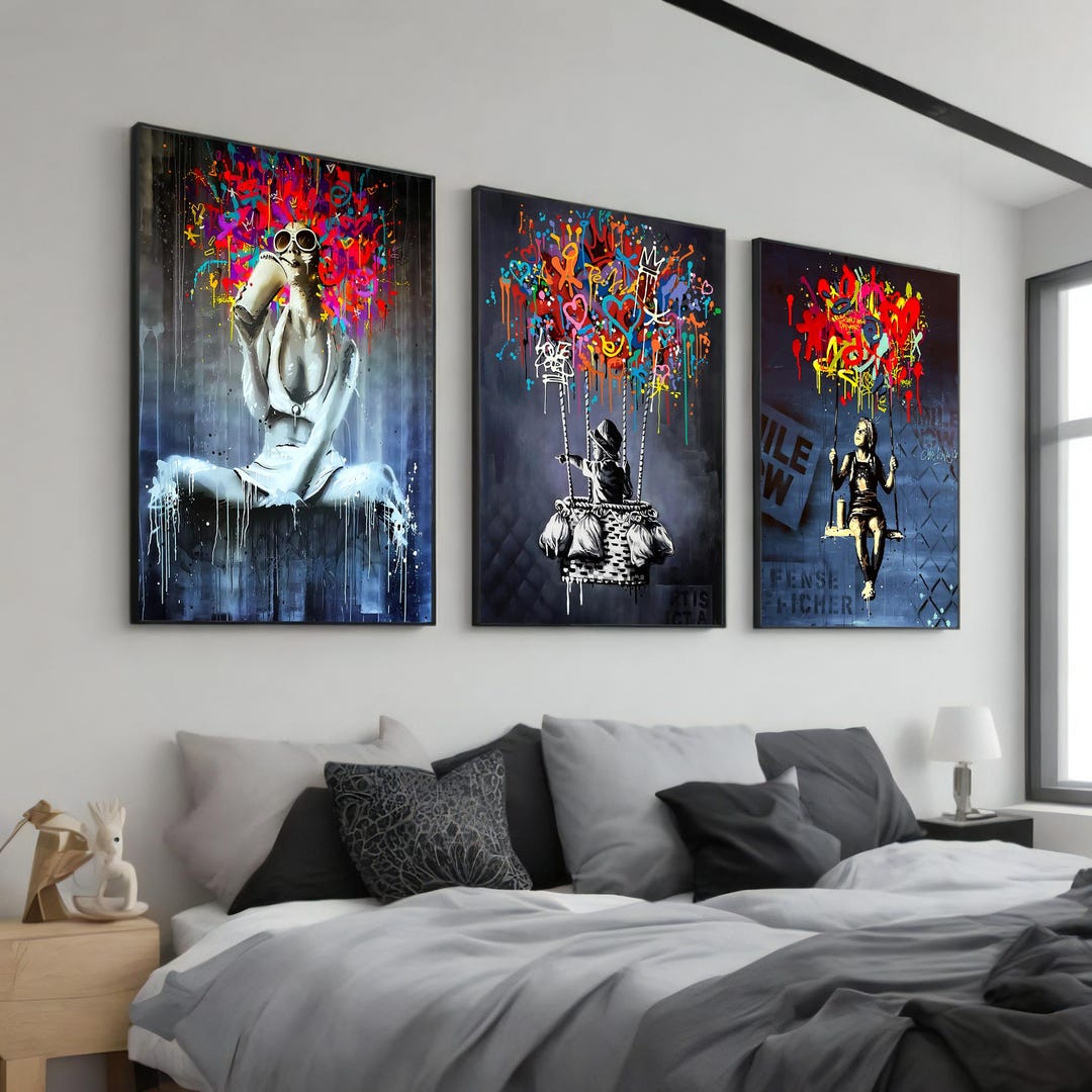 Urban Street Art Triptych - Graffiti Dripping Over Figures - Modern ...