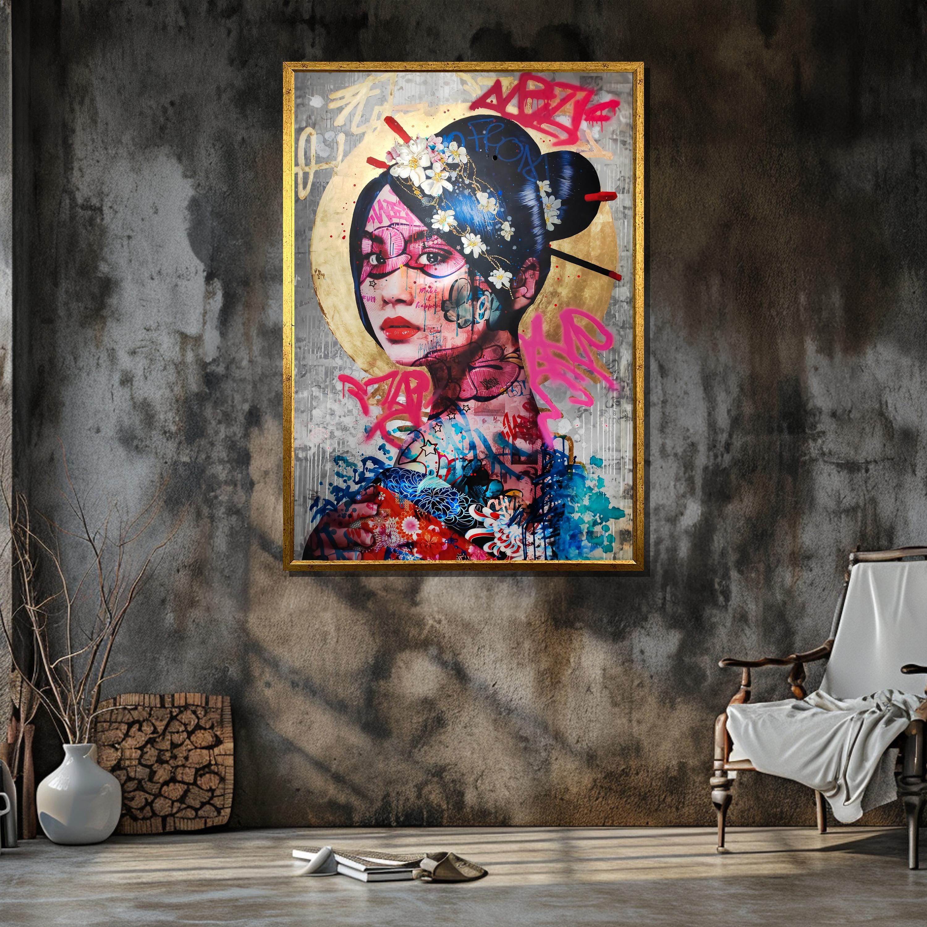 Asian-inspired Graffiti Portrait Canvas – Bold Fusion of Traditional ...