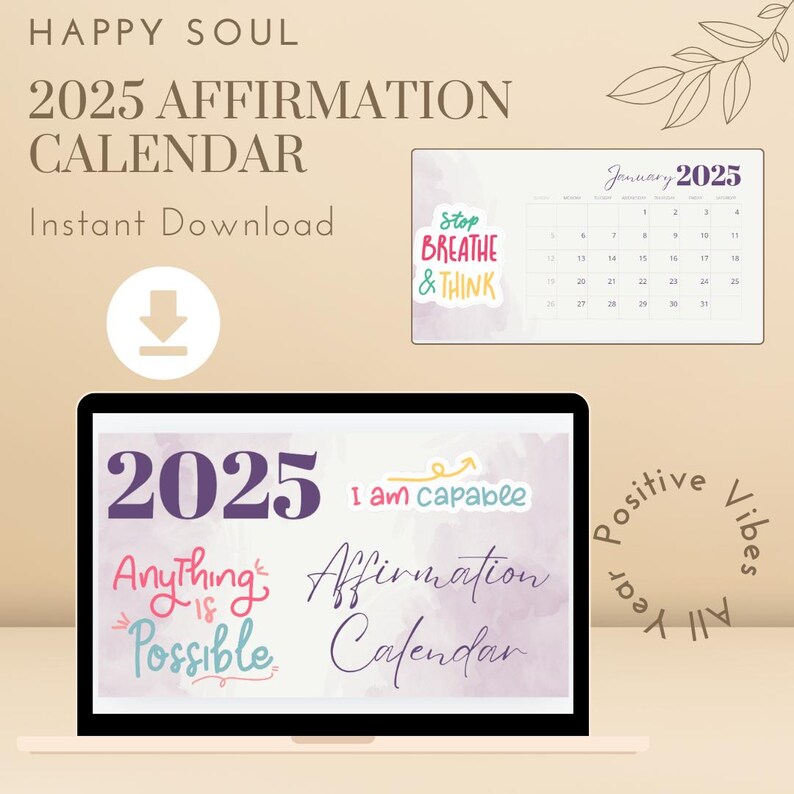 2025 Positive Affirmation Digital Calendar Printable Daily Motivational ...
