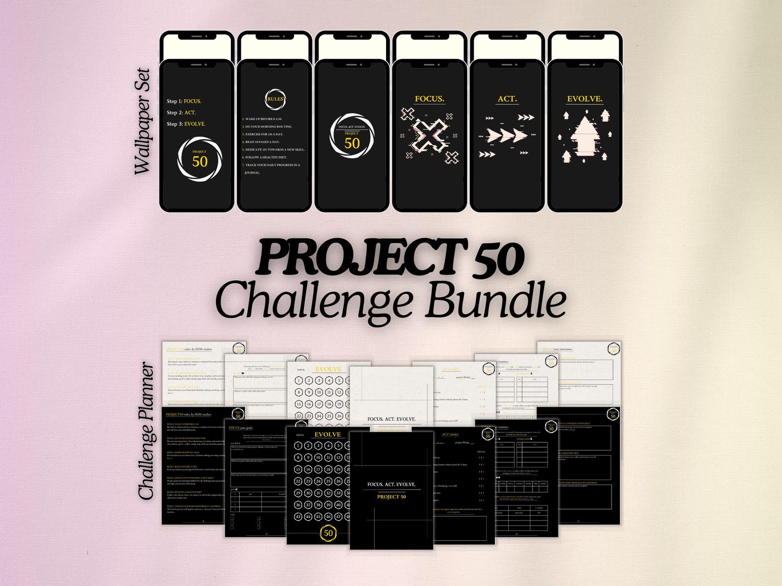 Project 50 Challenge Planner & Wallpaper Bundle | Minimalistic Digital ...