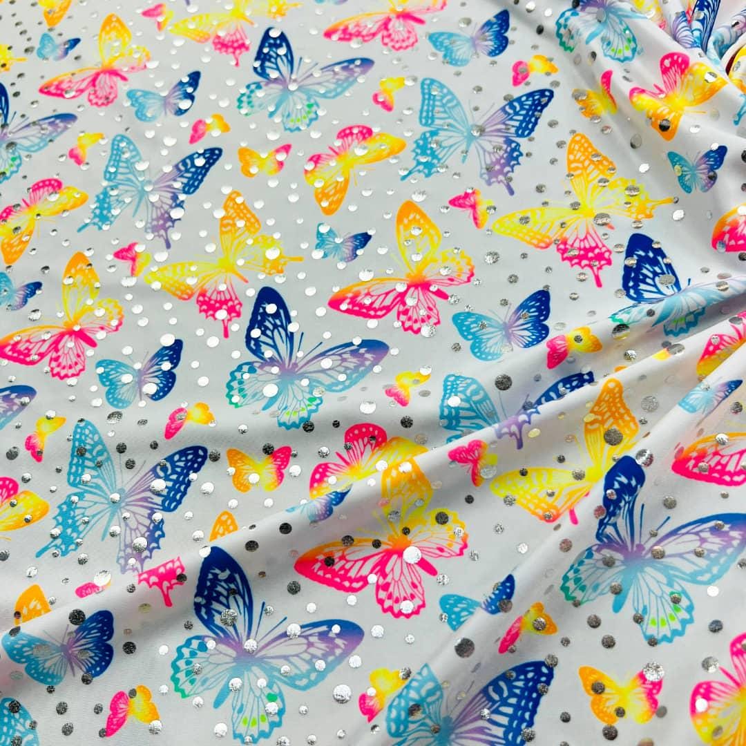 Neon Butterflies With Metallic Dots on White Background 4-way Stretch ...