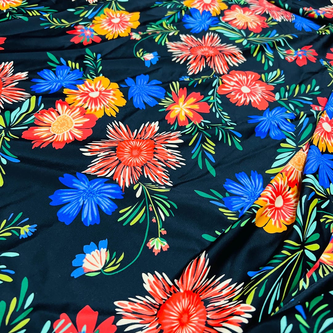 4-way Full Stretch Spandex I Summer Flowers Black Background Print I ...