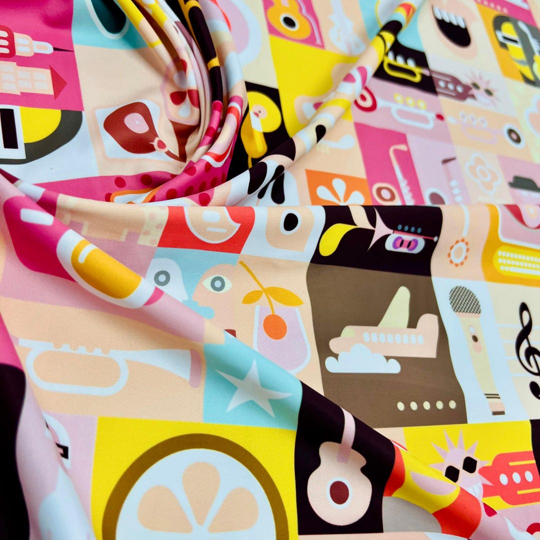 Musical Instruments and Characters Print 4-way Stretch Nylon Spandex ...