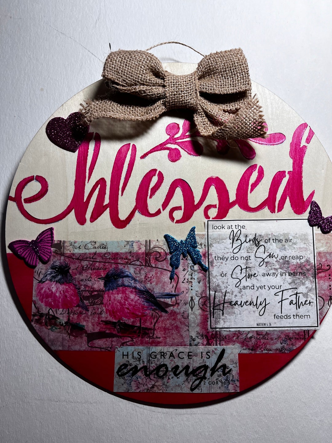 Shabby Chic “blessed” Birds of Air Decoupage 12” Pink Circle| Wall ...