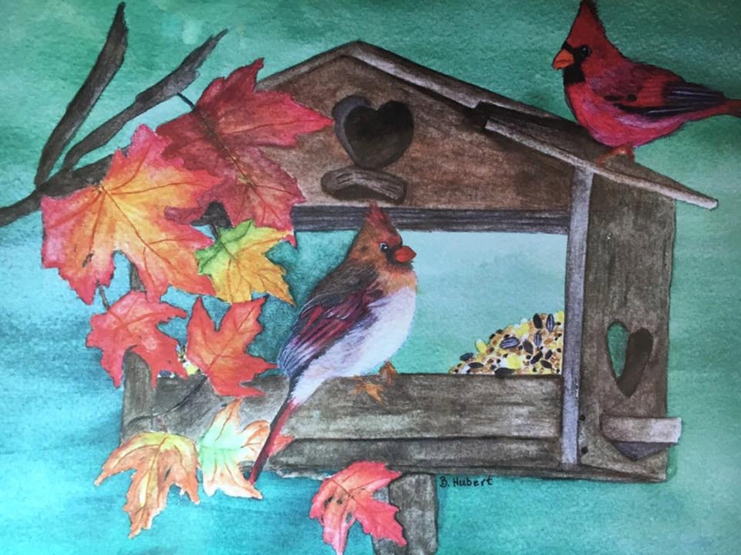 Fall Cardinals in Bird Feeder, a 15"x 11" Digital Print of My Original ...