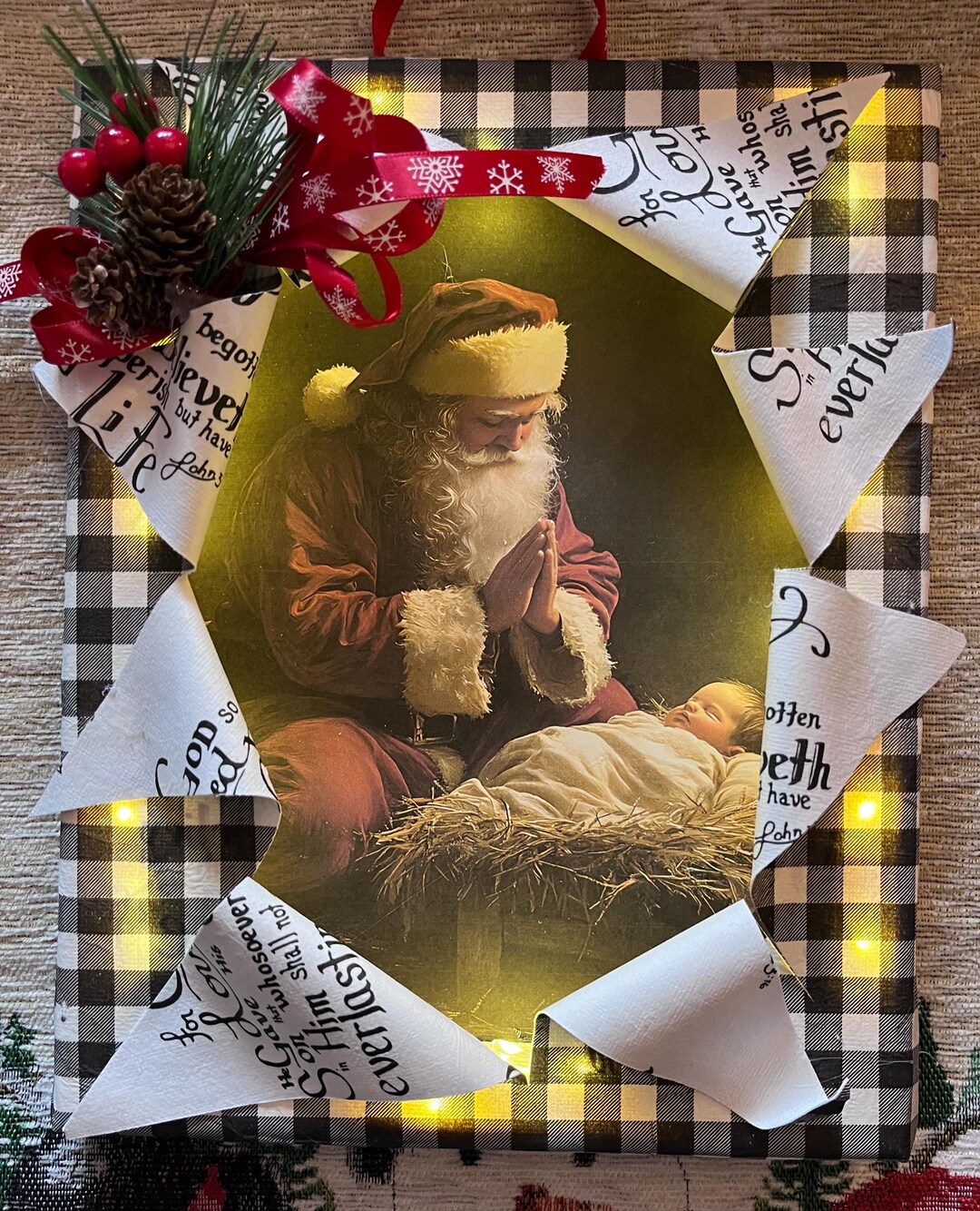 Santa Kneeling, Praying Santa Lighted Busted Canvas | Christmas Home ...