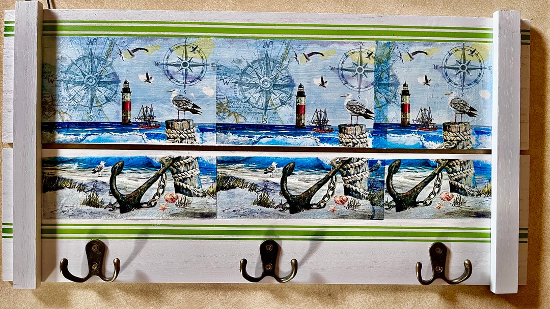 Nautical 3 Hooks Coat Hanger in White With Lighthouses and Anchors ...