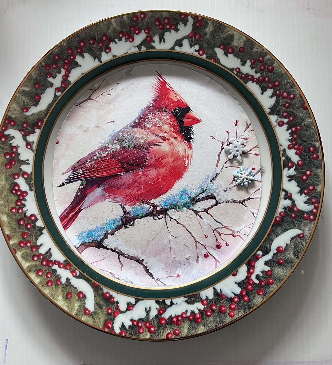 Elegance in Red Repurposed Decoupage Cardinal Plate Winter Cardinal ...