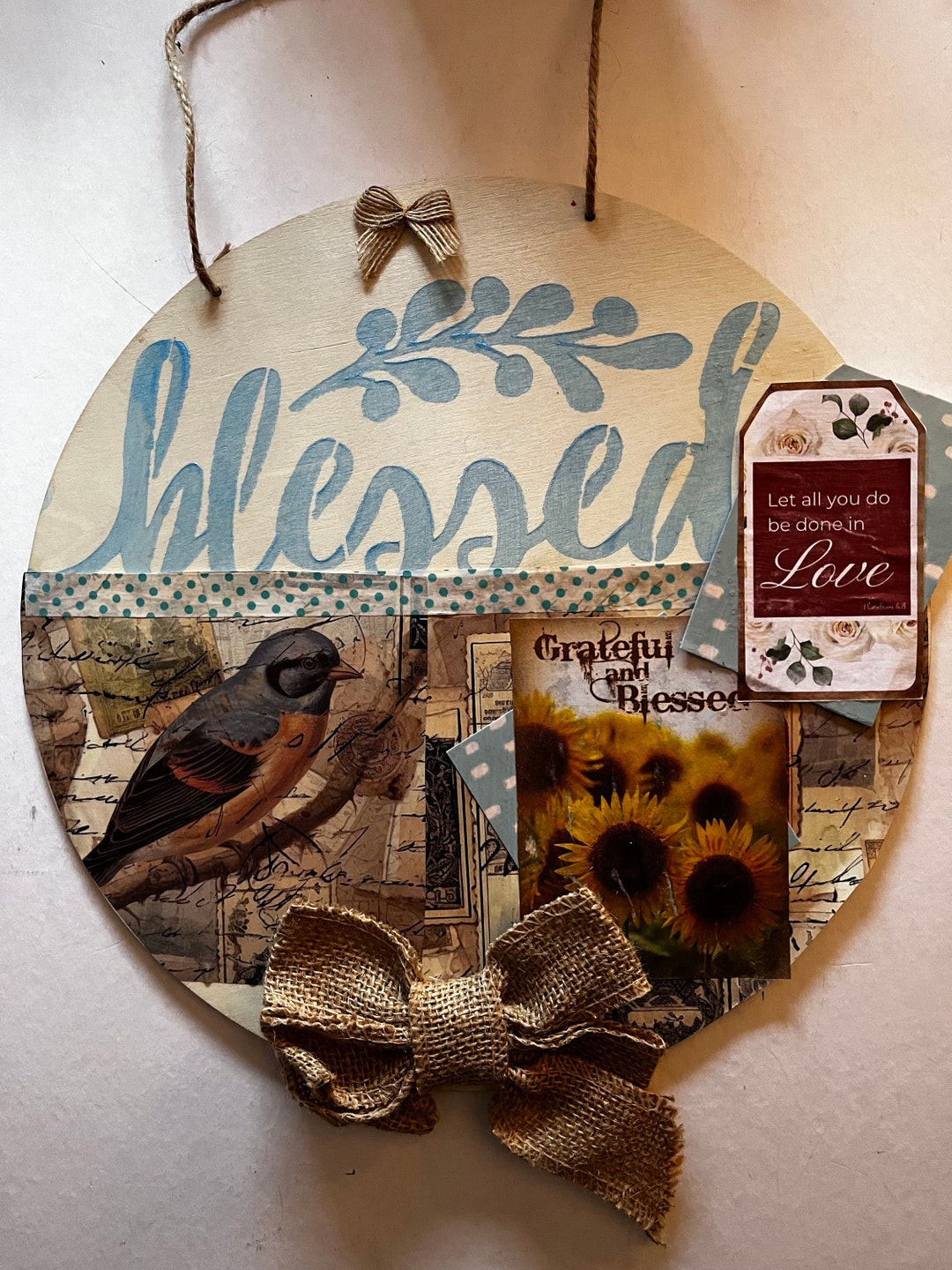 Blessed Bird and Sunflowers: Shabby Chic Christian Decoupage Wall Art ...