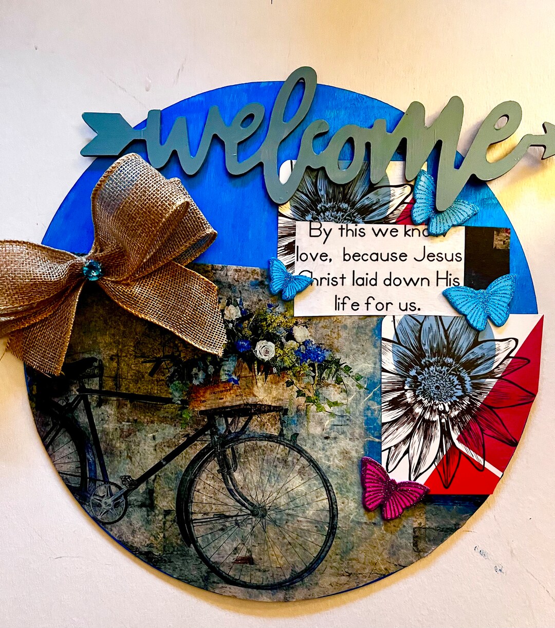 Shabby Chic blue Bicycle and Basket of Flowers 12 Round Wood Door/ Wall ...