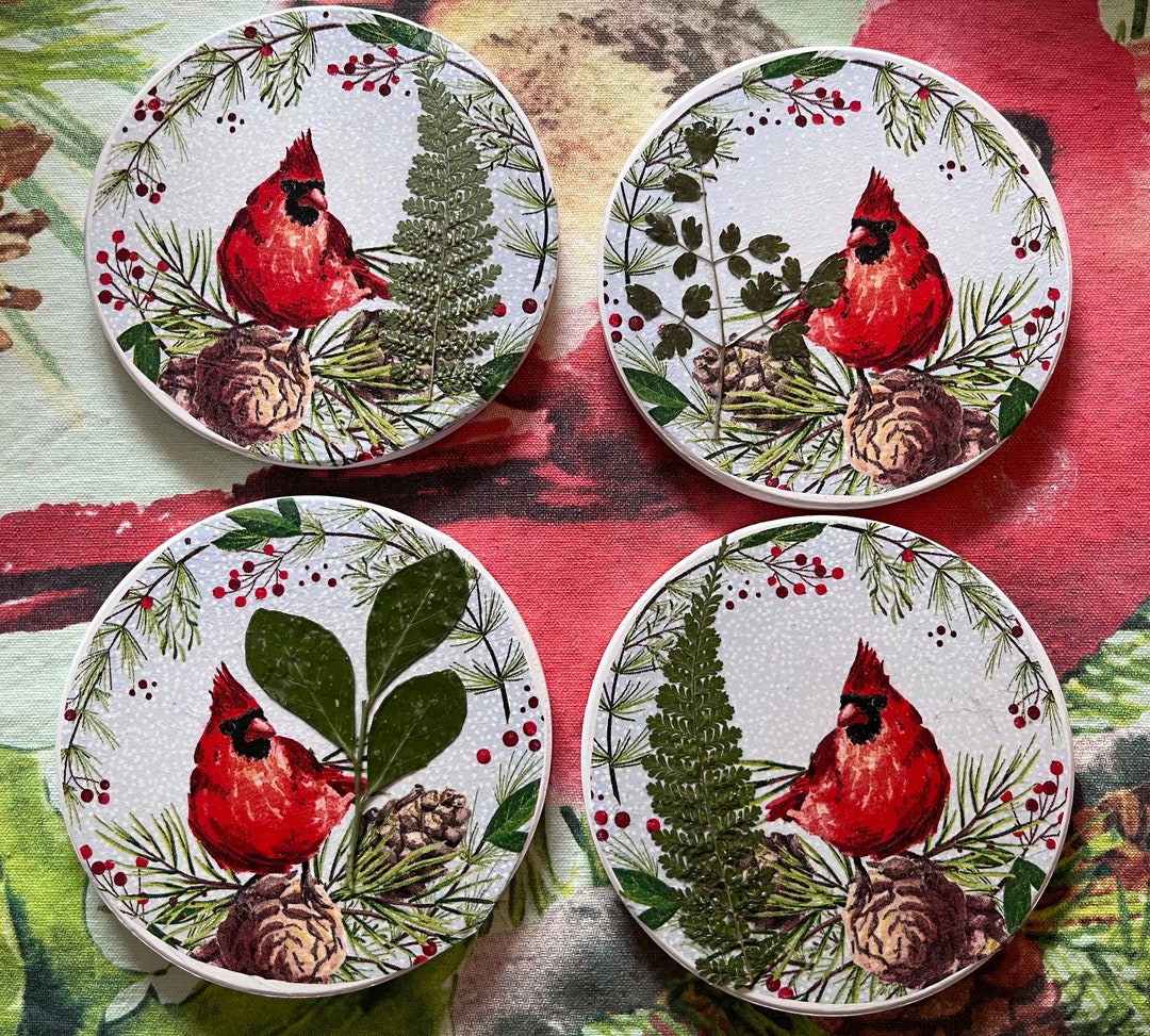 Christmas Male Red Cardinal Decoupage (4) Coasters | 4” Square | Cork ...