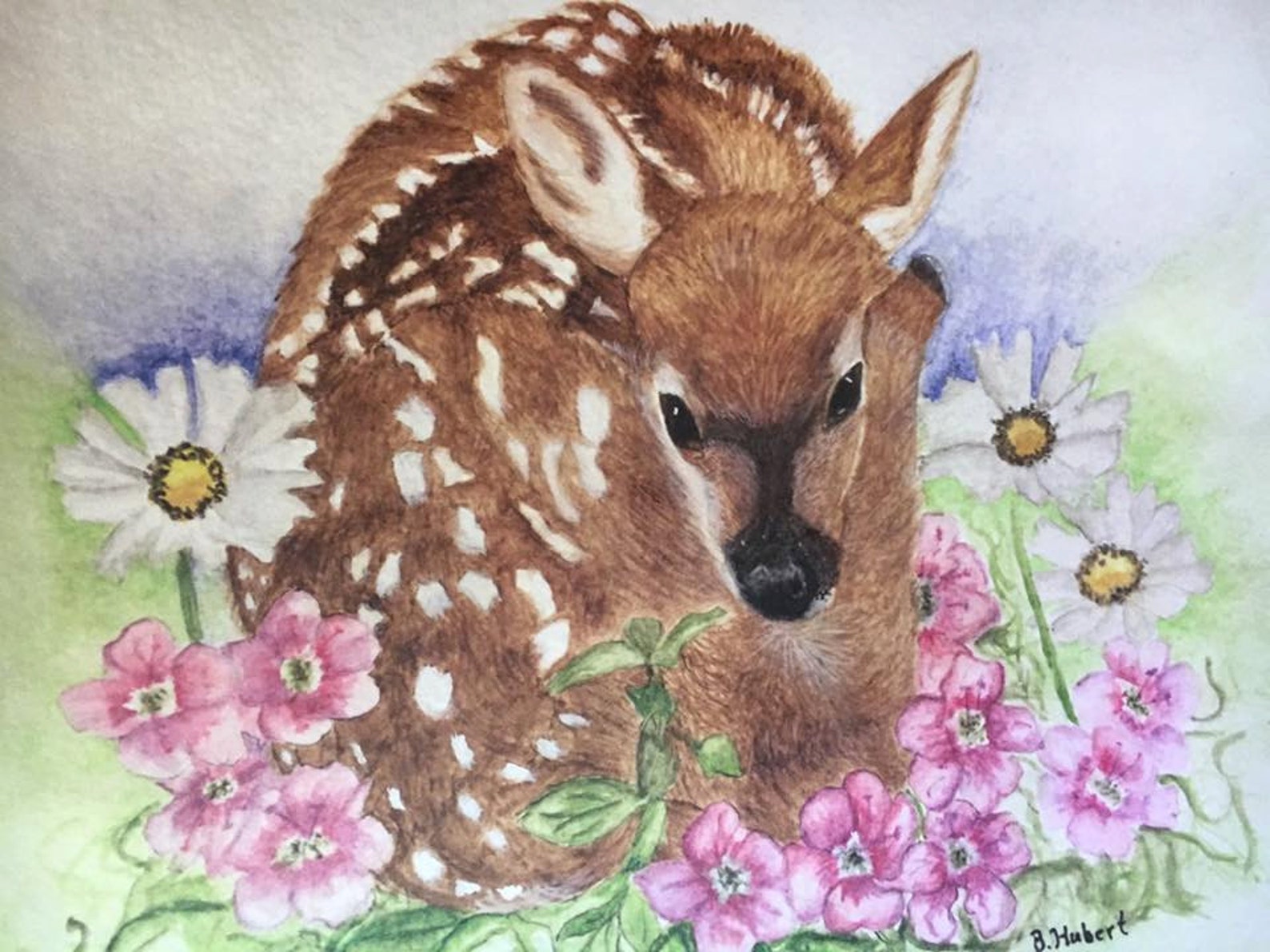 Fawn in Wildflowers Art, Fawn Original Watercolor Nursery Painting ...