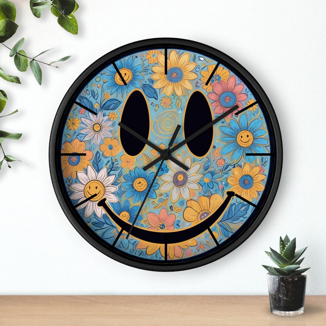 Colorful Floral Smiley Face Wall Clock, Cheerful Home Décor Clock ...