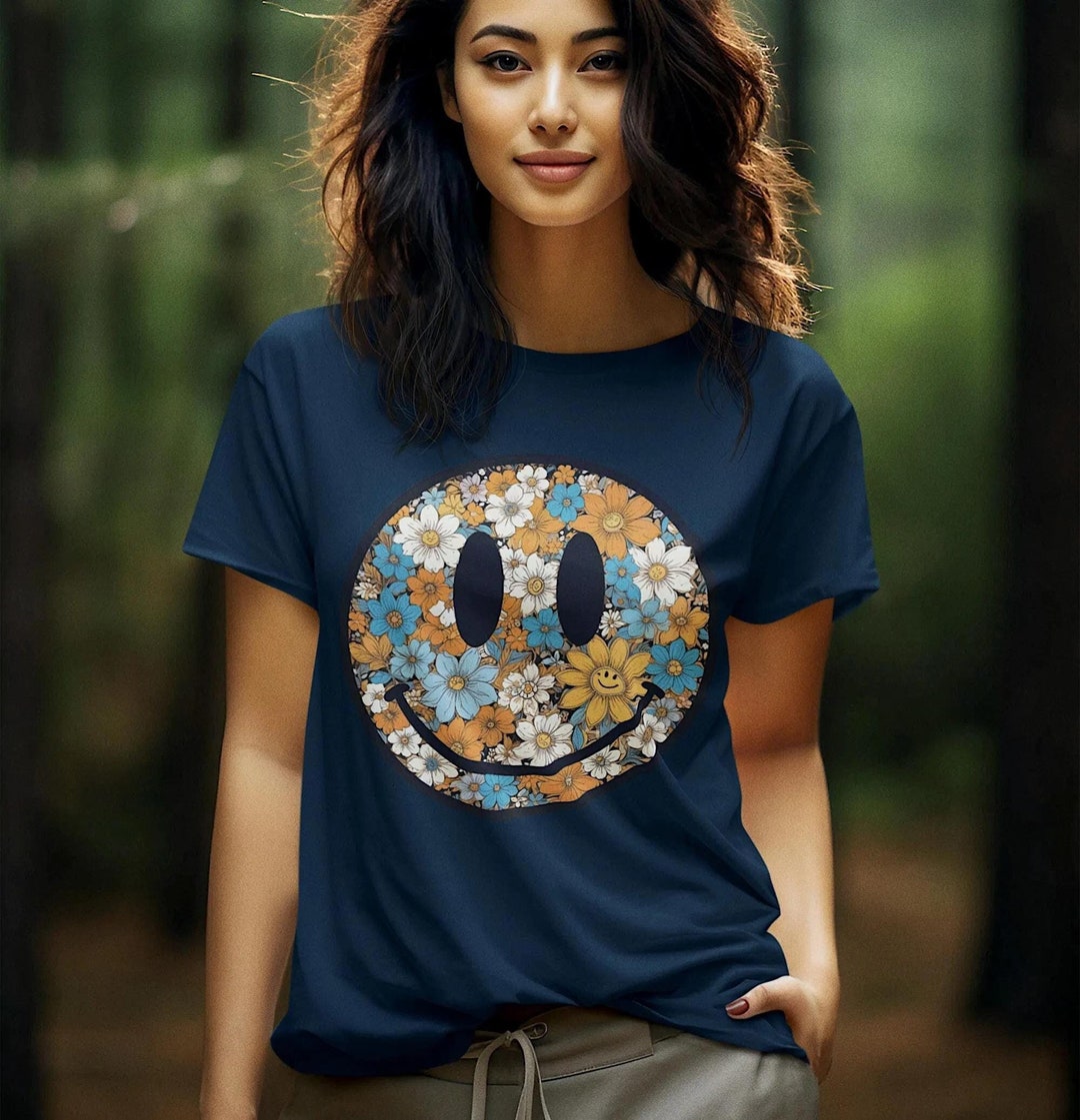 Boho Floral Retro Smile Face PNG: Vintage T-shirt Sublimation Graphics ...