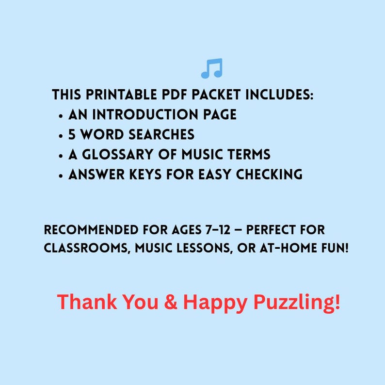 Music Word Search Worksheets – Kids' Educational Puzzles (PDF) - Etsy