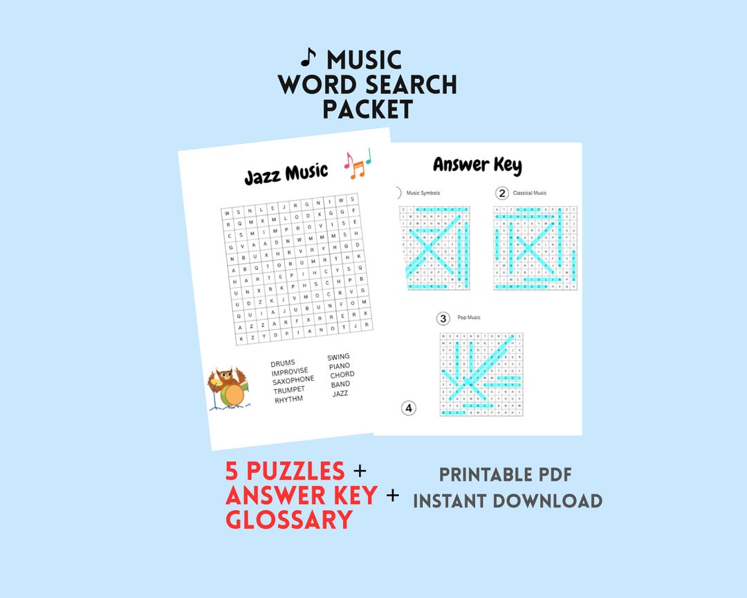 Music Word Search Worksheets – Kids' Educational Puzzles (PDF) - Etsy