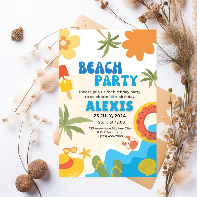 Editable Beach Party Invitation, Beach Birthday Party, Pastel Invite ...