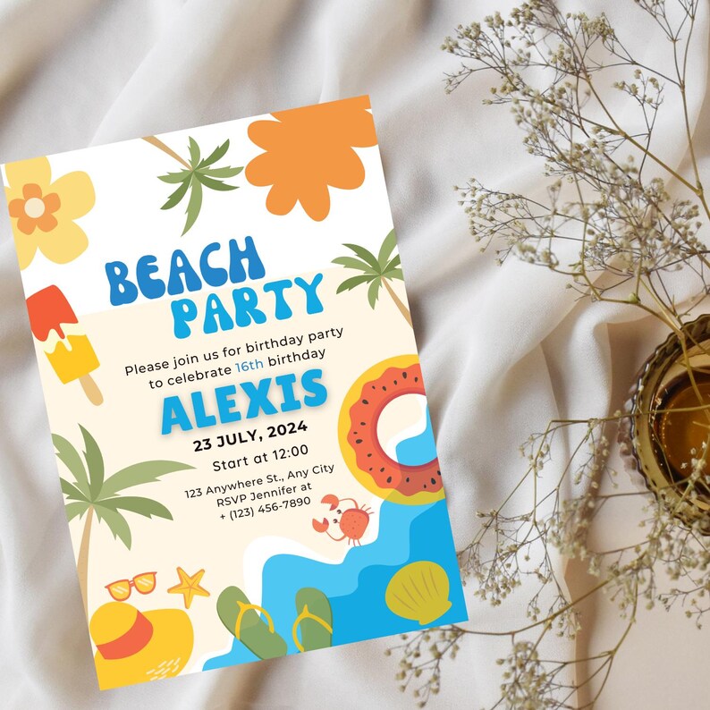 Editable Beach Party Invitation, Beach Birthday Party, Pastel Invite ...