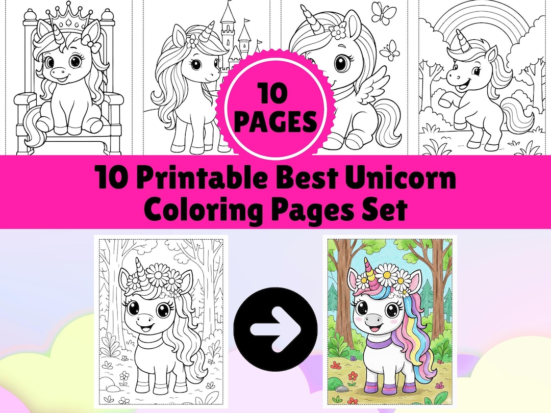 10 Unicorn Coloring Pages for Kids: Printable Activity Set – Instant ...