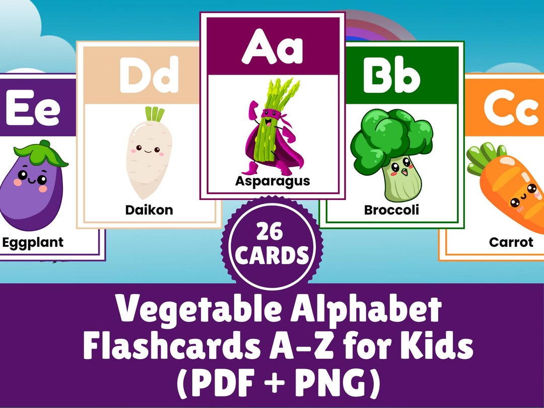 Printable Vegetable Alphabet Flashcards: 26 A–Z Educational Learning ...