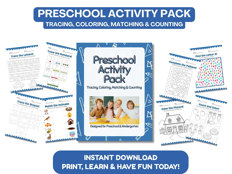 Preschool Activity Pack: Tracing, Coloring, Matching Worksheets (PDF ...