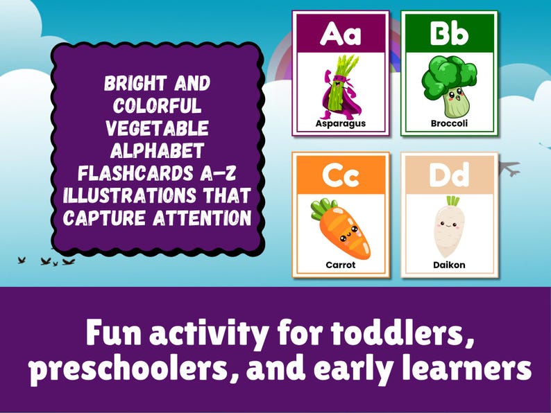 Printable Vegetable Alphabet Flashcards: 26 A–Z Educational Learning ...