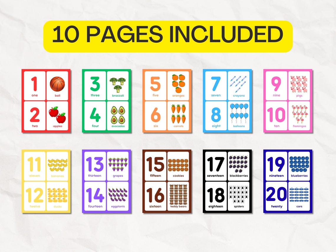 Color Number Flashcards 1-20: Printable Math Learning (PDF + PNG) - Etsy